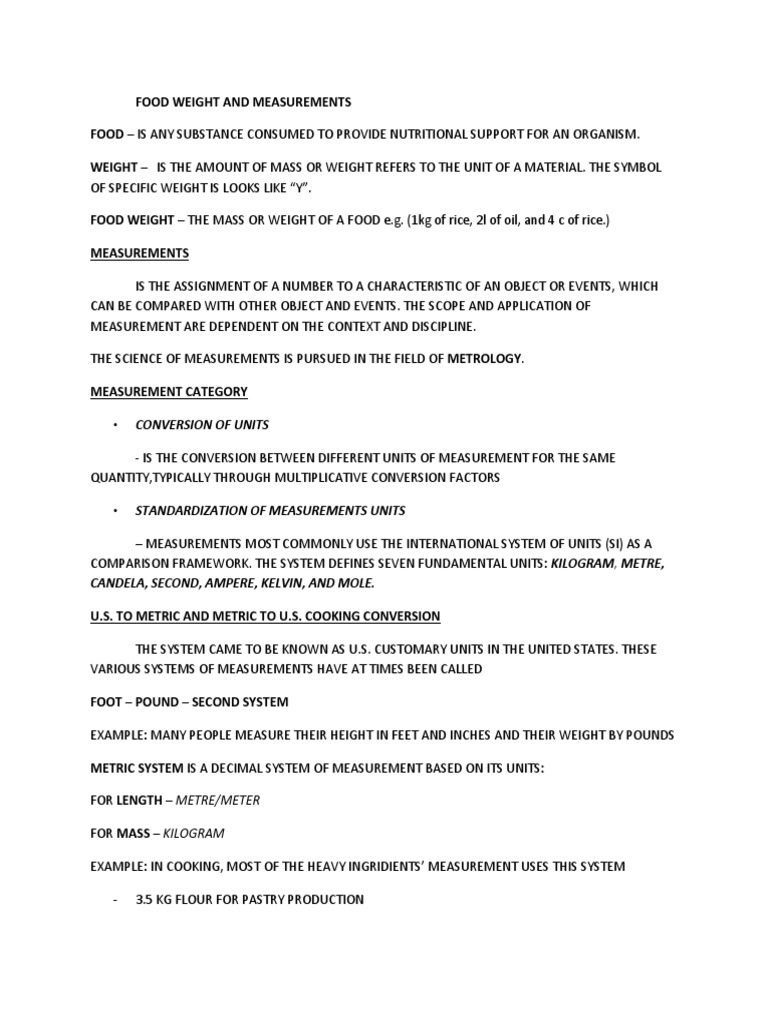 Food Weight and Measurements | PDF | Measurement | International System ...