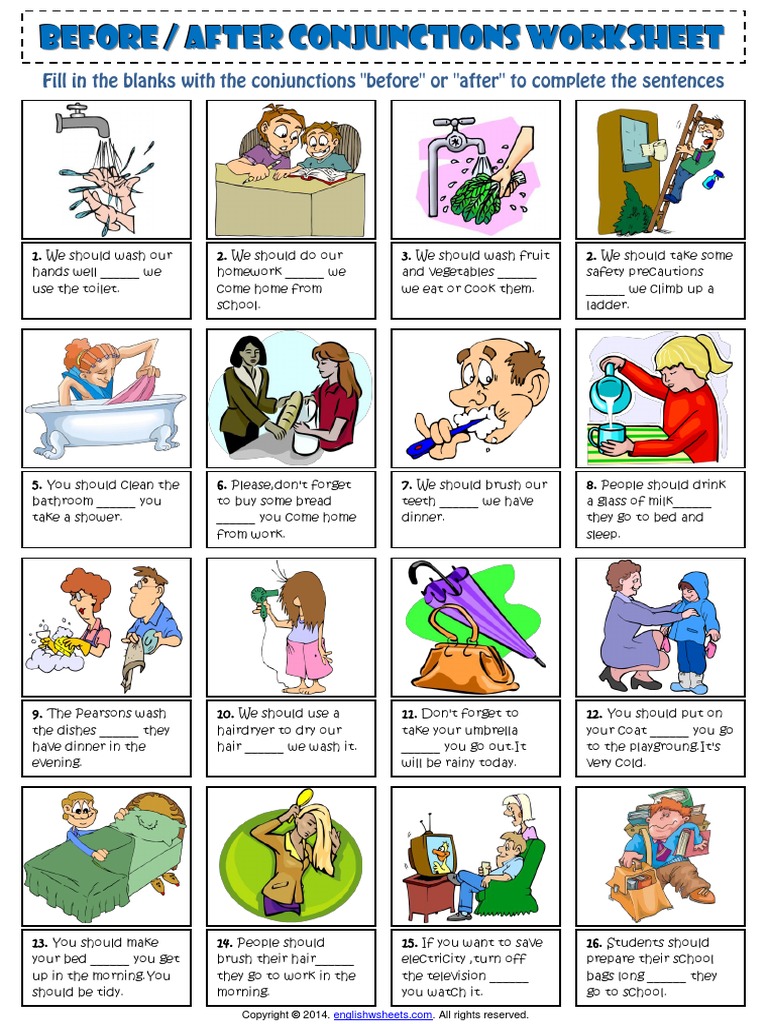 before and after conjunctions esl grammar exercise worksheet.pdf ...