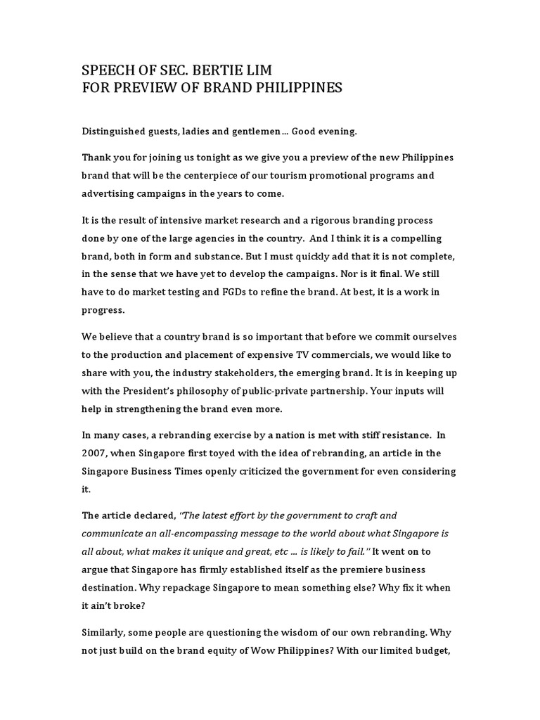 Secretary Alberto Lim's Speech For Preview of Brand Philippines | PDF ...