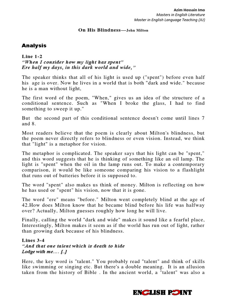 Analysis of Milton's "On His Blindness" | PDF | Patience