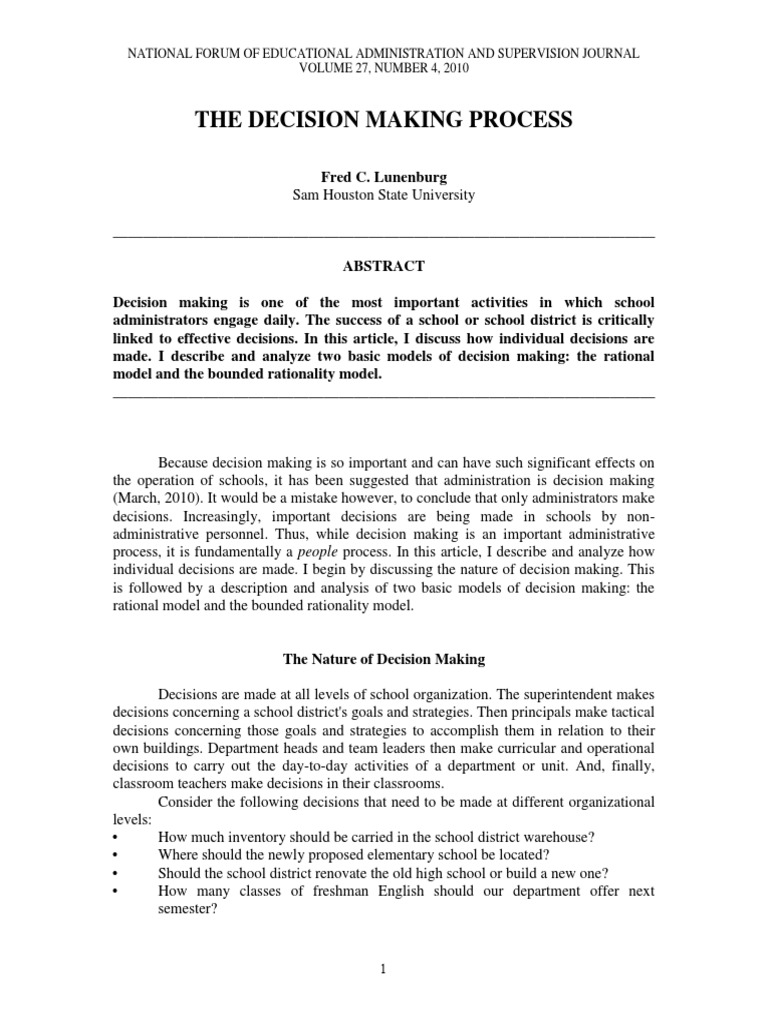 Lunenburg, Fred C. The Decision Making Process NFEASJ V27 N4 2010 | PDF ...