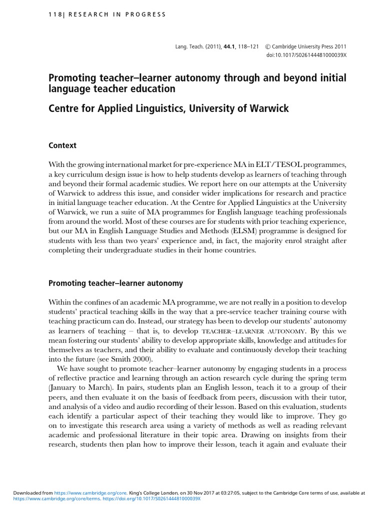 Enhancing Teacher-Learner Autonomy in ELT | PDF | Reflective Practice ...
