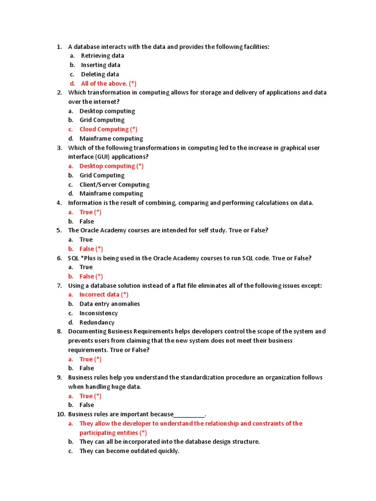 Database Fundamentals Quiz Answers | PDF | Oracle Database | Databases