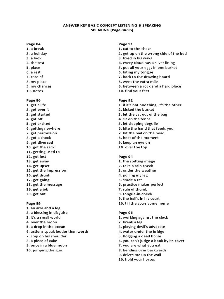 Answer Key Basic Concept Listening & Speaking SPEAKING (Page 84-96) | PDF | Sports | Leisure