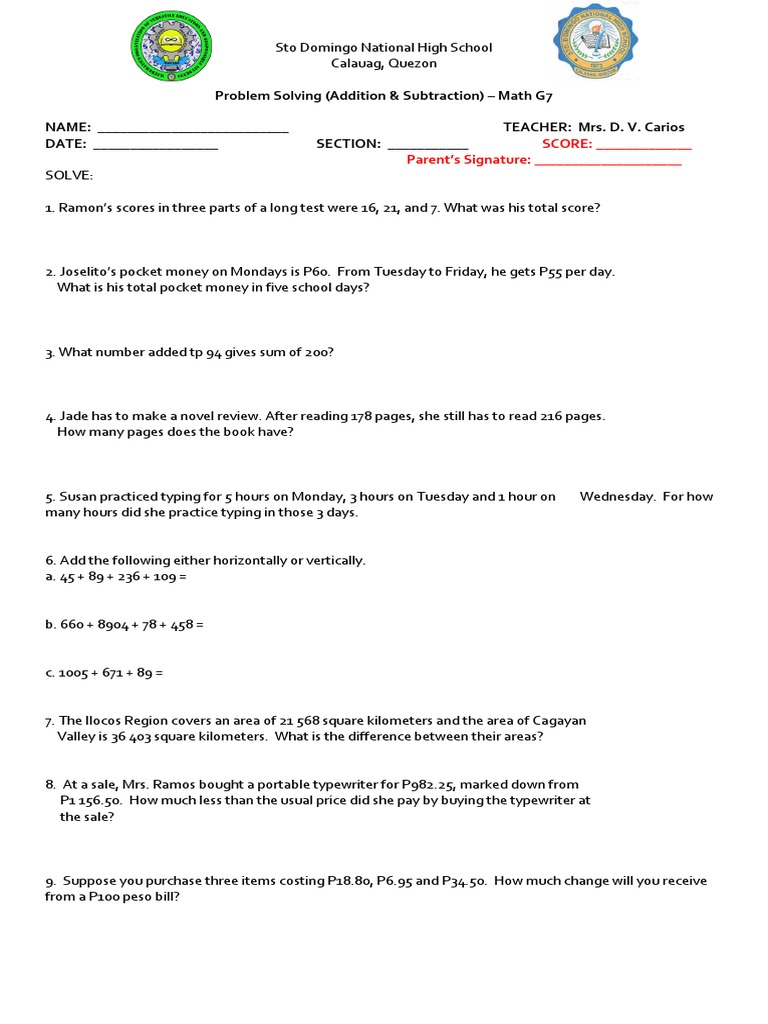 7th Grade Math Problem Solving Assessment on Addition and Subtraction ...