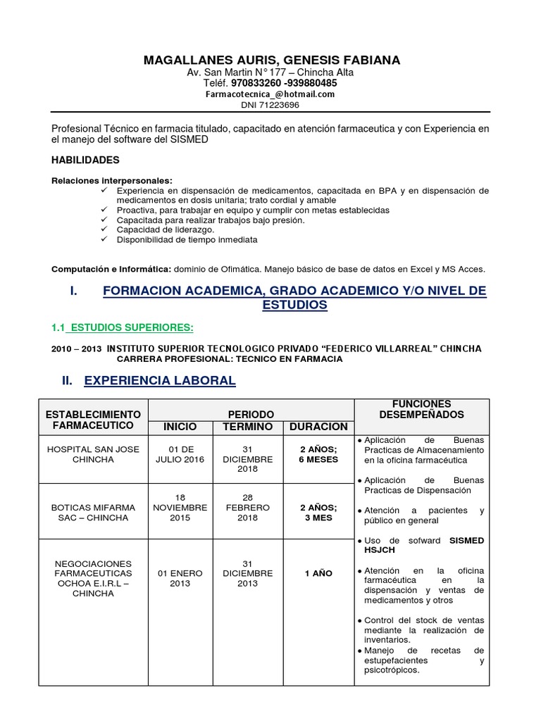 CV. Genesis | PDF | Farmacéutico | Farmacia