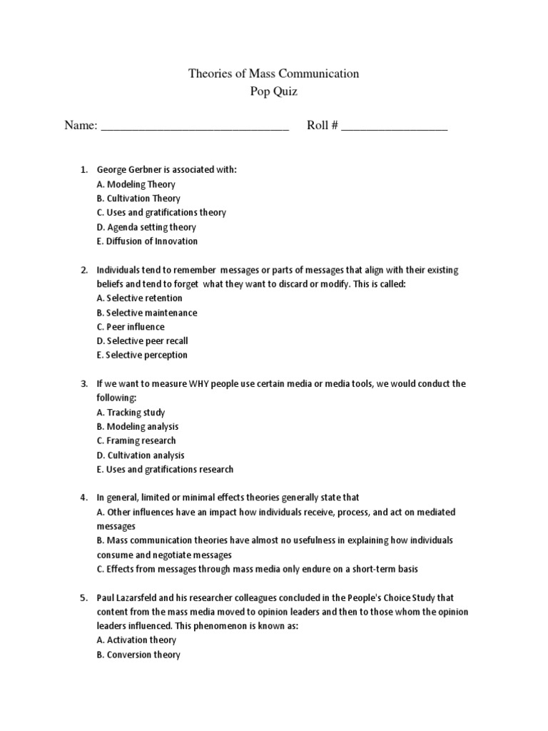 Theories of Mass Communication Quiz | PDF | Action (Philosophy ...