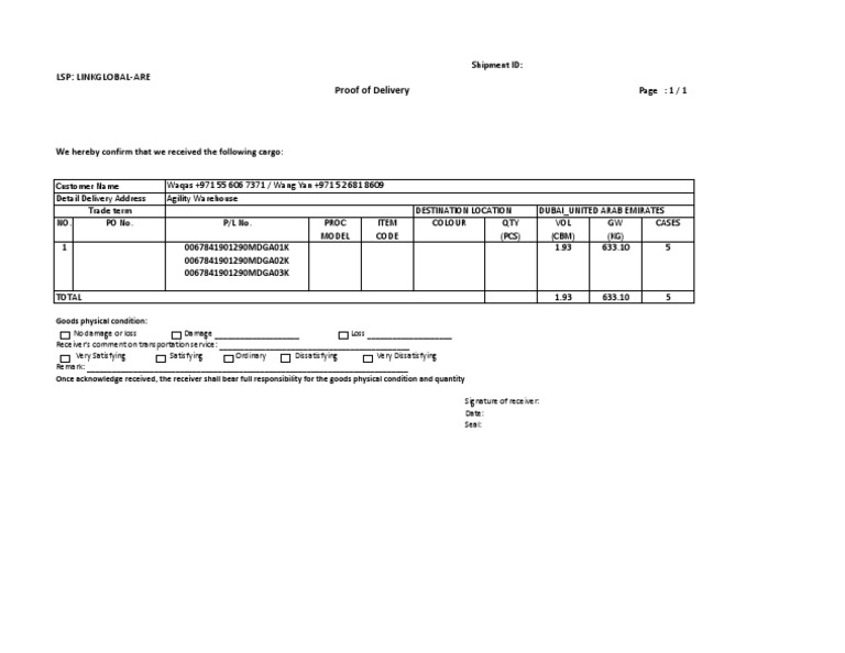 LSP: Linkglobal-Are: Proof of Delivery | PDF
