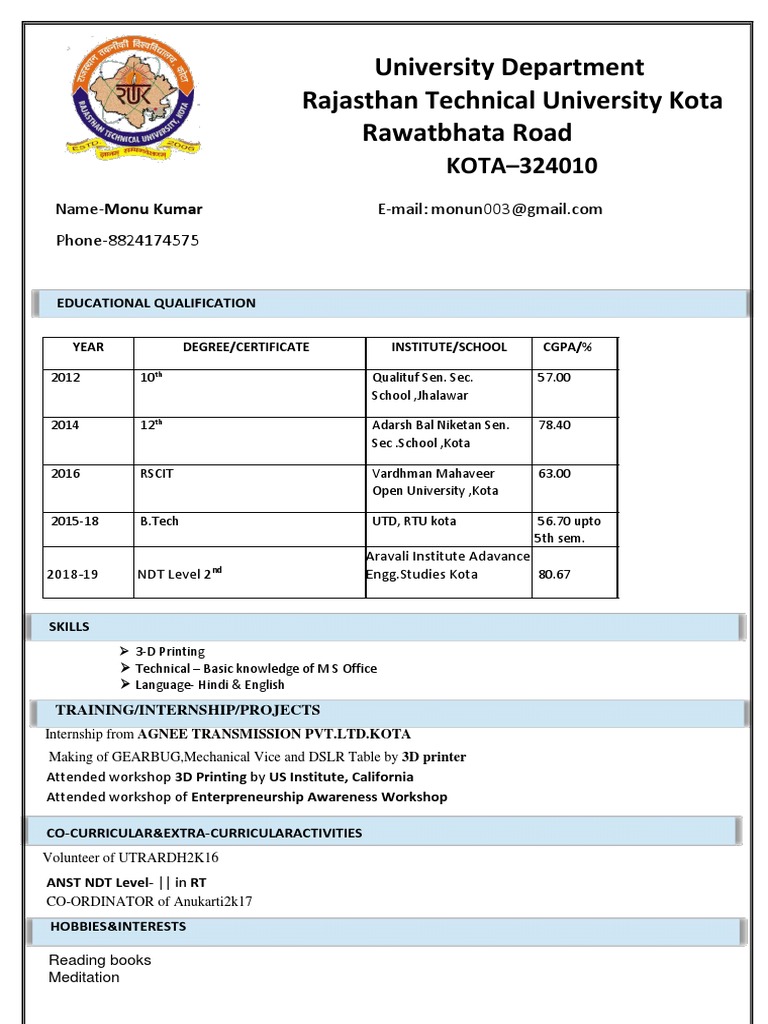 University Department Rajasthan Technical University Kota Rawatbhata ...