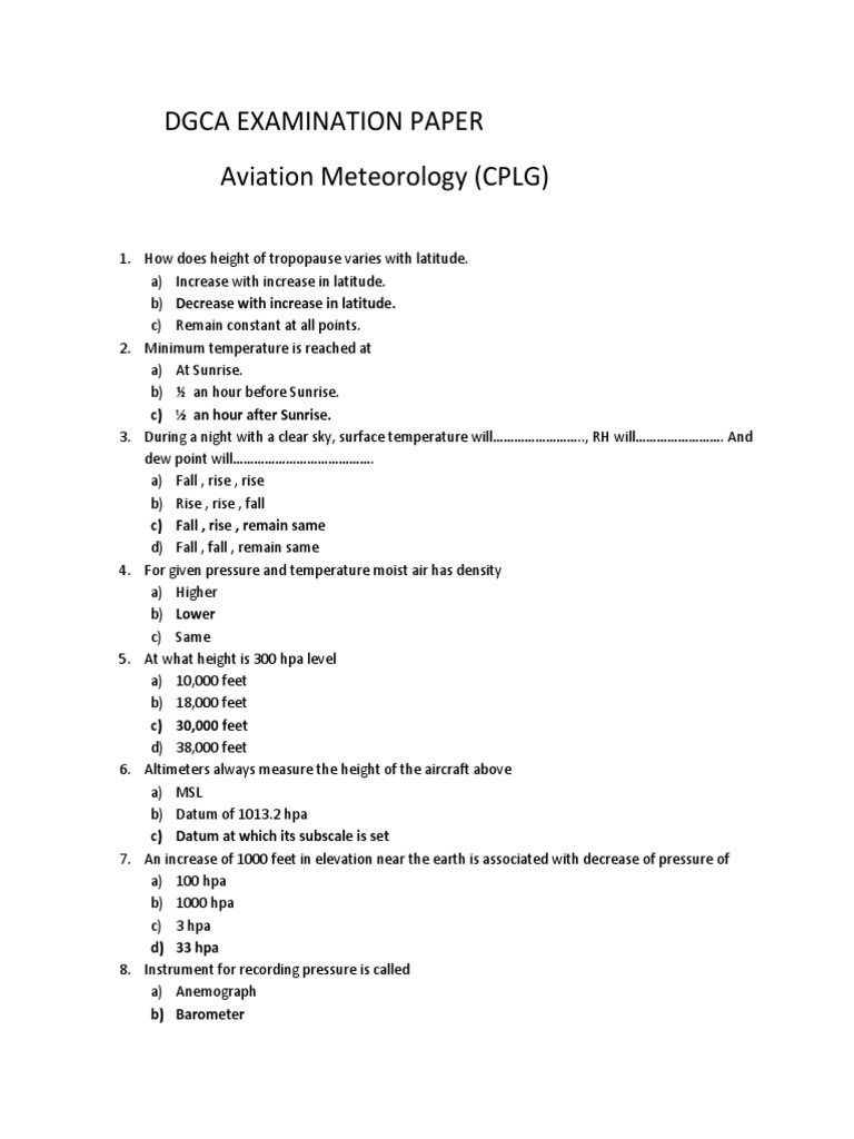 DGCA Meteorology Question Paper | Water Vapor | Wound