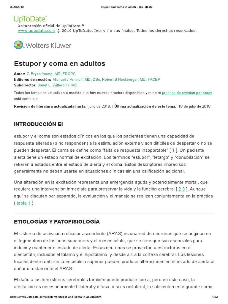 Stupor and Coma in Adults - UpToDate PDF | PDF | Coma | Naloxona