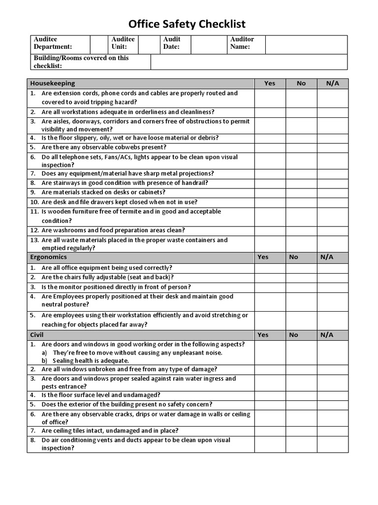 Office Safety Checklist | PDF | Building Engineering | Manufactured Goods