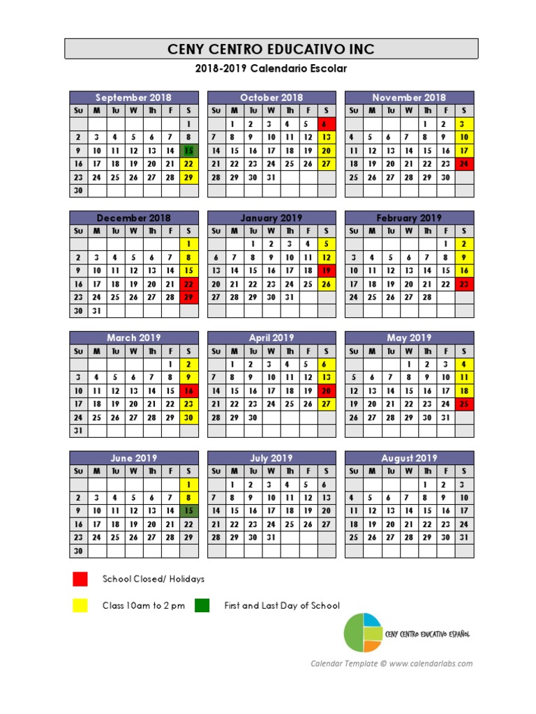 Ceny Centro Educativo Inc: 2018-2019 Calendario Escolar | PDF