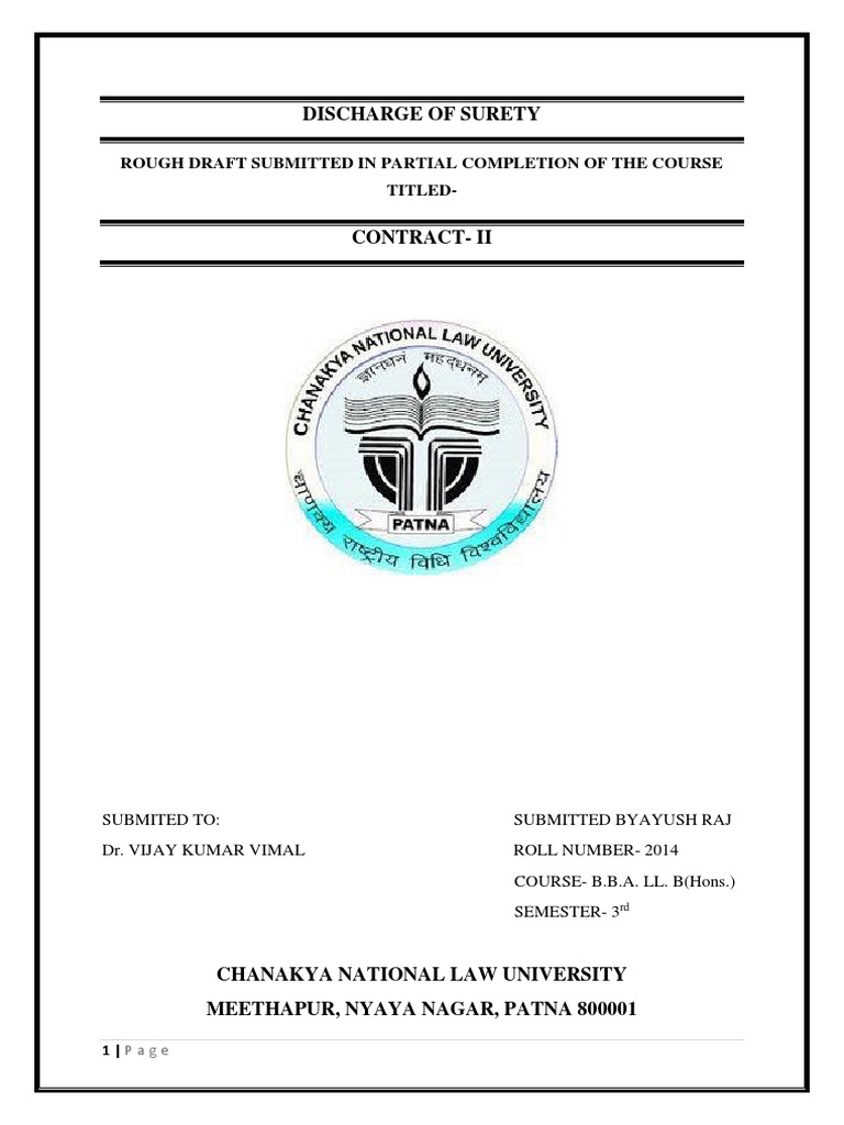 Discharge of Surety: Rough Draft Submitted in Partial Completion of The ...