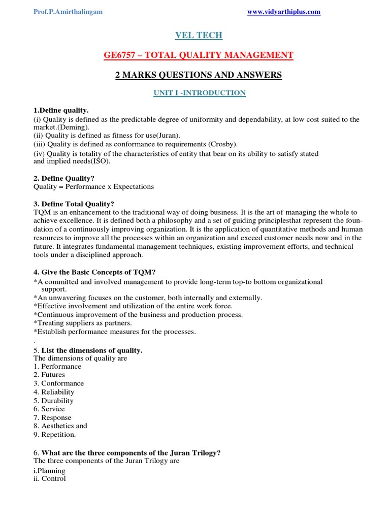 Ge6757 - Total Quality Management: 2 Marks Questions and Answers | PDF ...