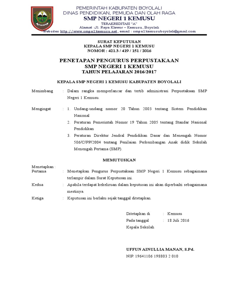 Contoh SK Pengurus Perpustakaan | PDF