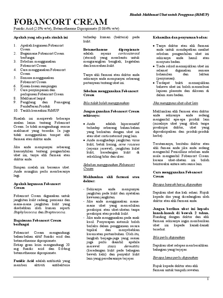 Fobancort Cream (Fusidic Acid, Betamethasone Diproprionate) HOE ...