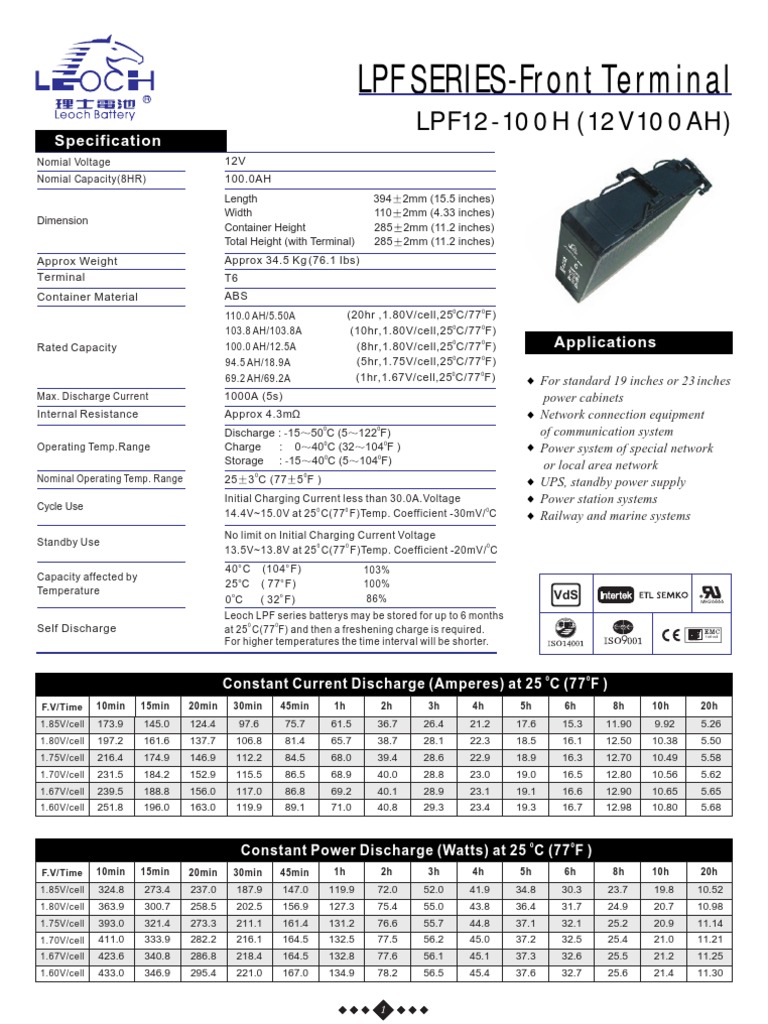 LFP12 100H | PDF | Rechargeable Battery | Energy Storage
