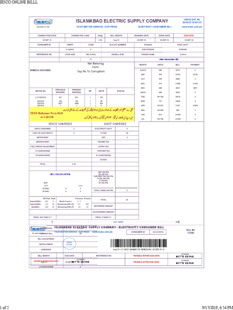 IESCO - Neter Metering Bill (Zeeshan Riaz 0300-8503082) PDF | PDF ...