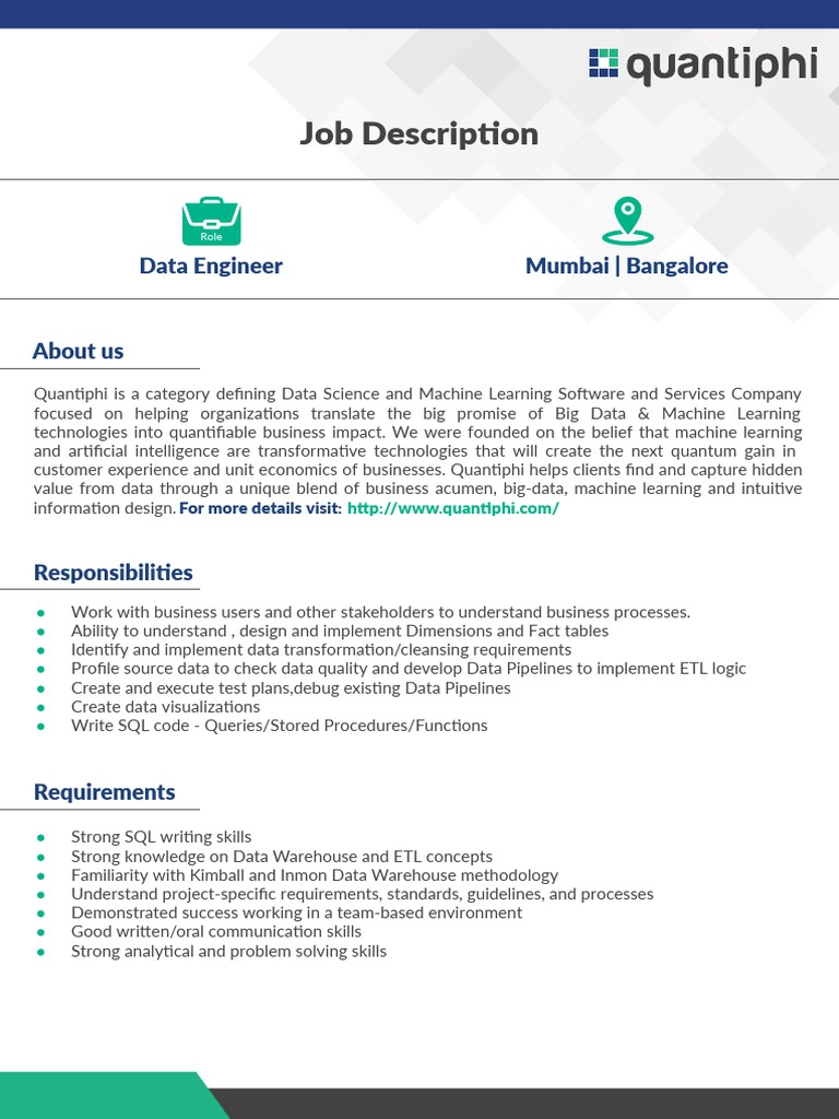 Job Description: Data Engineer Mumbai - Bangalore | PDF | Big Data ...