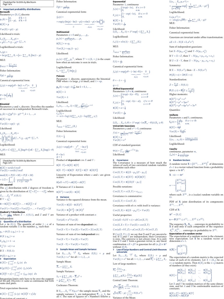 Cheat Sheet | PDF | Normal Distribution | Covariance Matrix