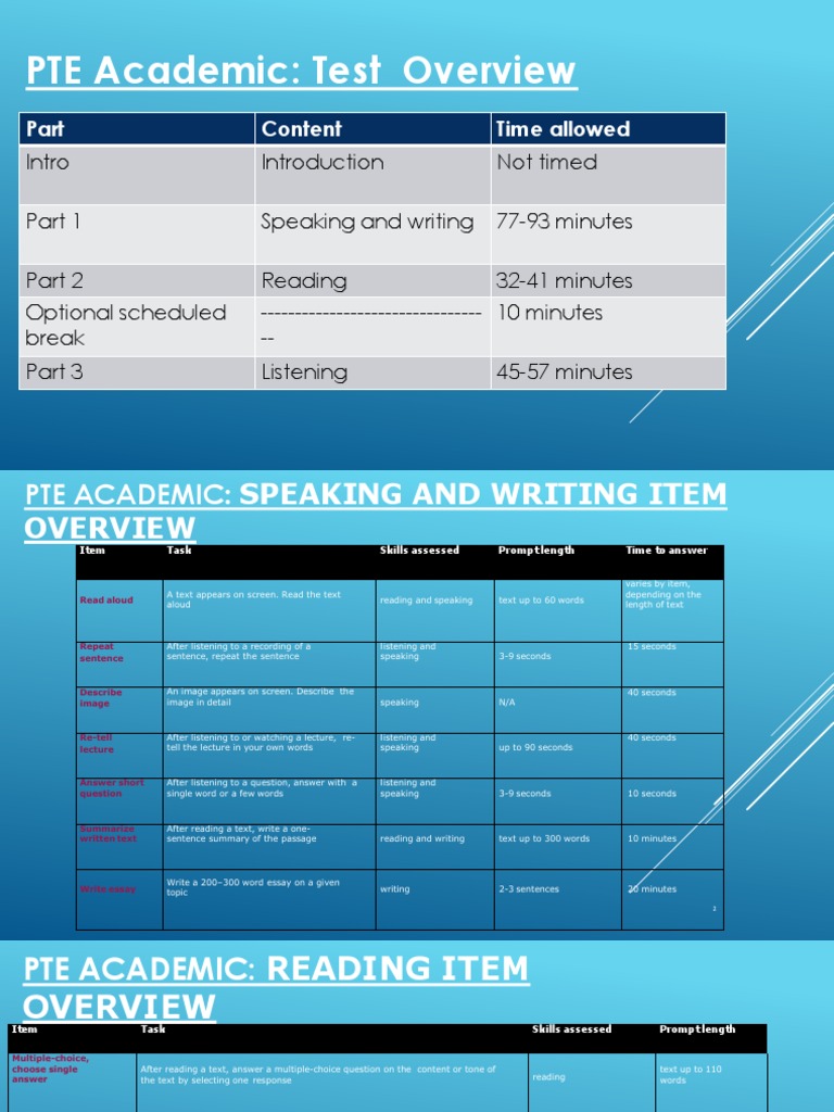 PTE Academic: Test Overview: Content Time Allowed | PDF | Multiple ...