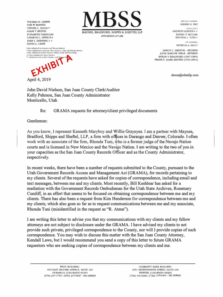 GRAMA April 4 Letter From Steven Boos To San Juan County Officials | PDF