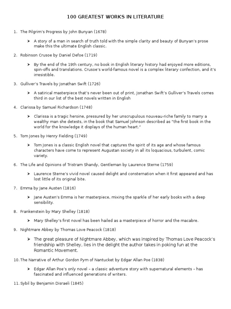 100 Greatest Works in Literature | PDF | English Literature | Victorian ...