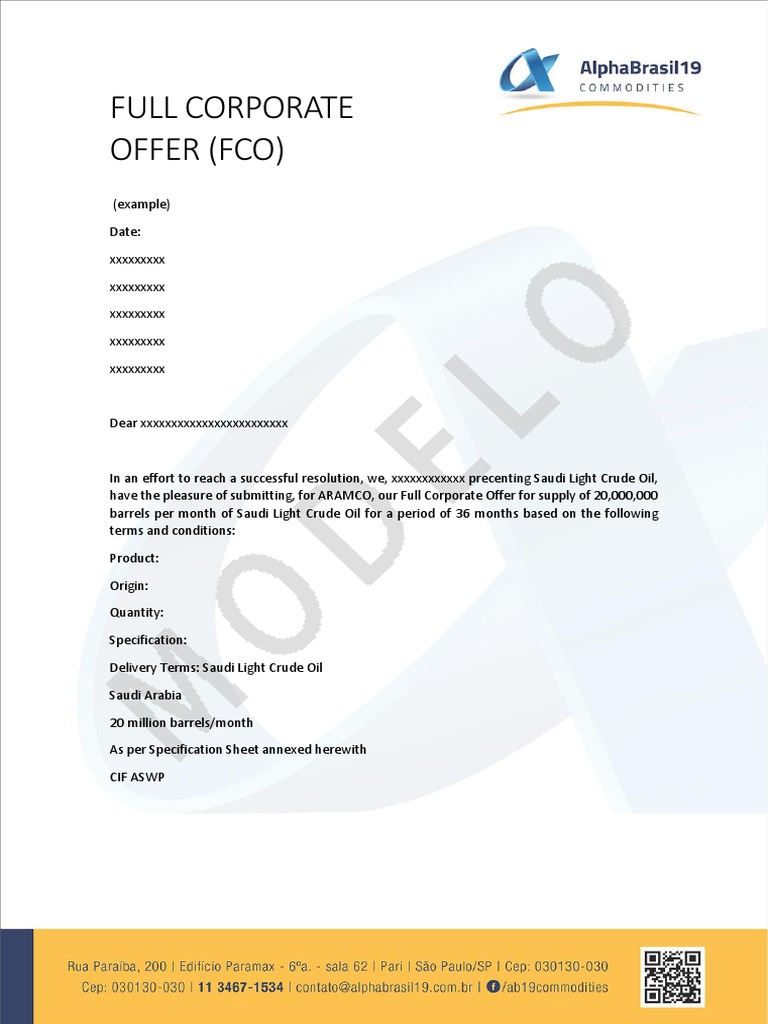Full Corporate Offer Fco PDF | PDF | Letter Of Credit | Economies