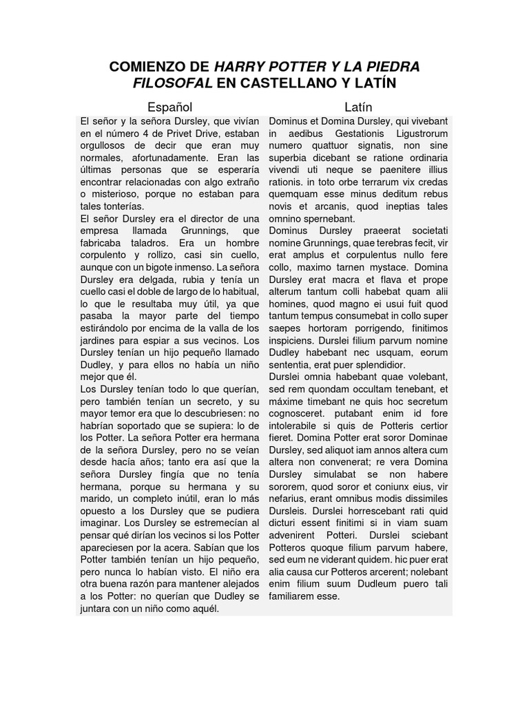 Inicio de Harry Potter y la Piedra Filosofal | PDF | Historia | Novela ...