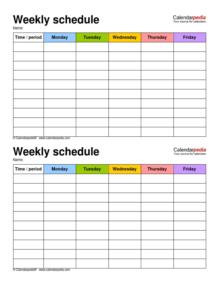 Weekly Schedule Monday To Friday 2 On 1 Page in Color | PDF