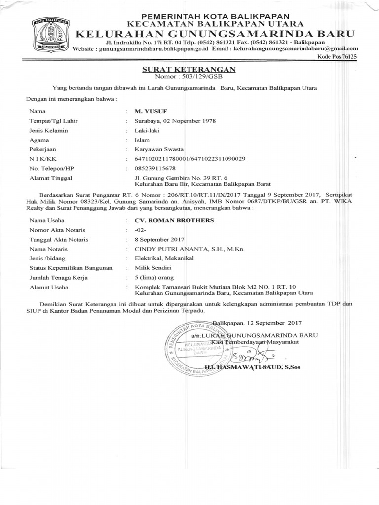 CV Roman (Siup, TDP, Surat Ket Domisili) | PDF