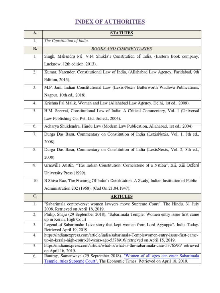 Sample Index of Authorities | PDF | Indian Religions | Religion And Belief