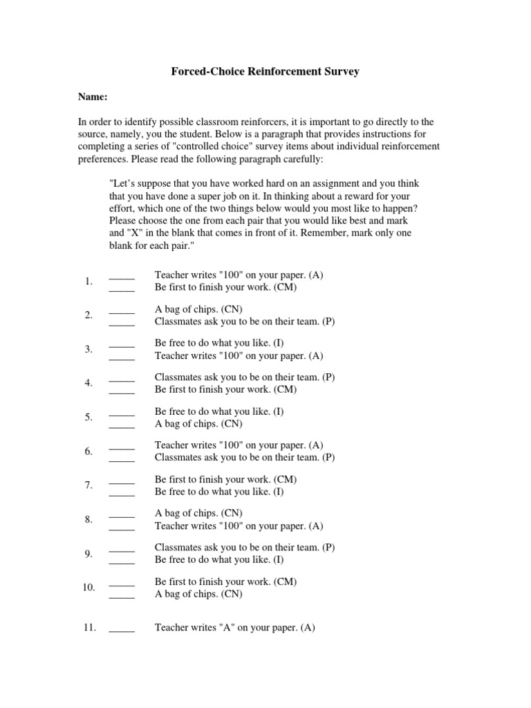 Forced-Choice Reinforcement Survey | PDF | Behavior Modification ...