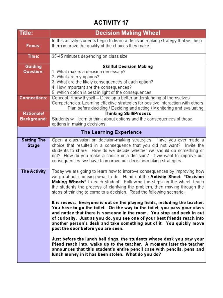 Decision Making Wheel Activity Guide | PDF | Choice | Decision Making