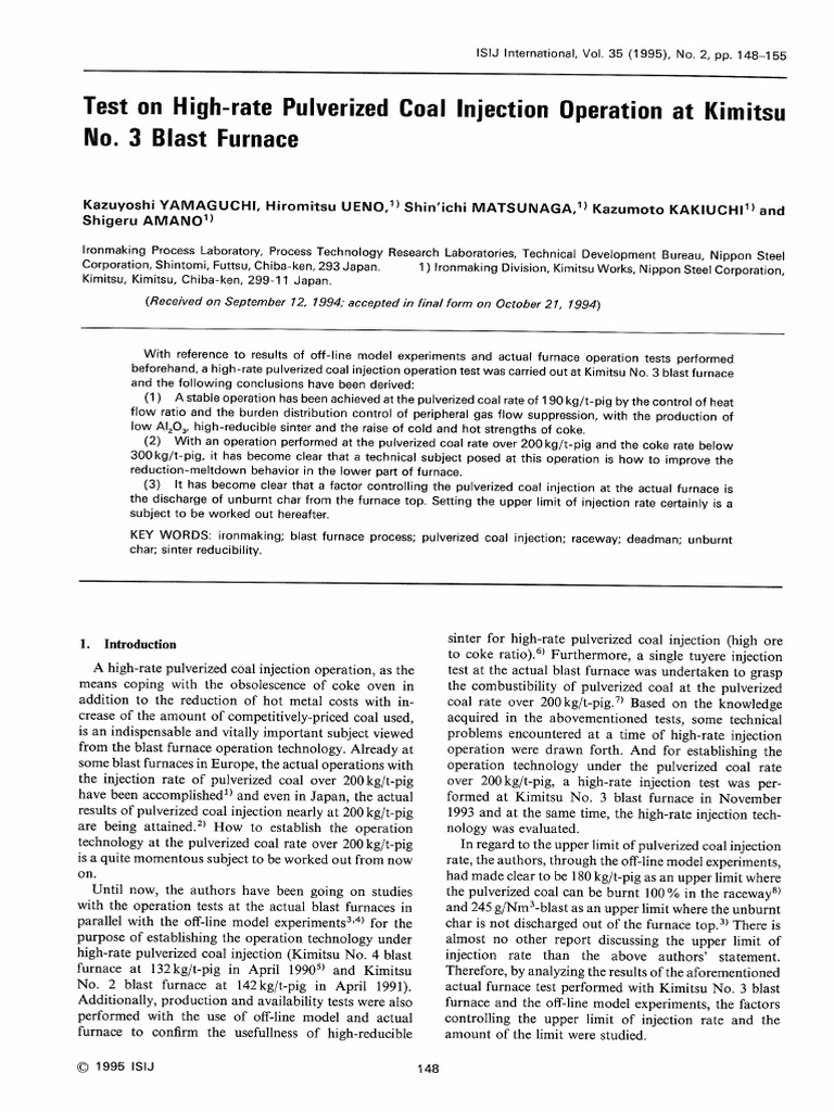 Test On High-Rate Pulverized Blast Furnace Coal Injection Operation at ...