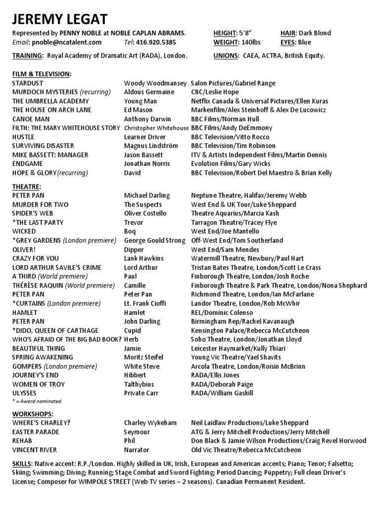 Jeremy Legat - Resume | PDF | Theatre | Performing Arts