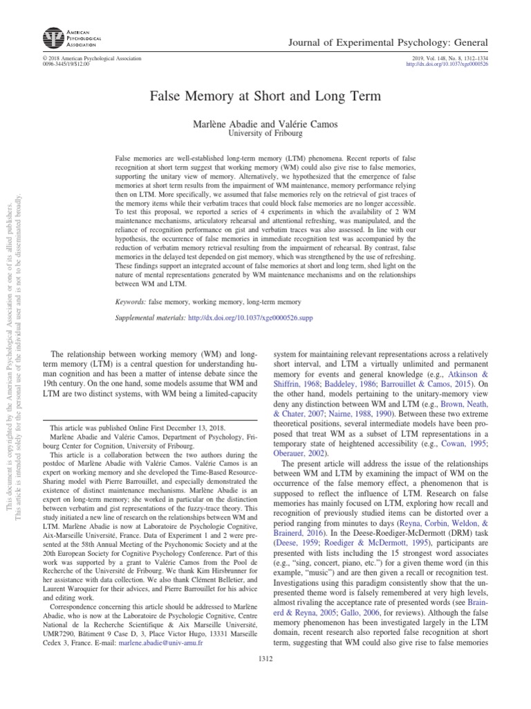 False Memory at Short and Long Term | PDF | Recall (Memory) | Memory