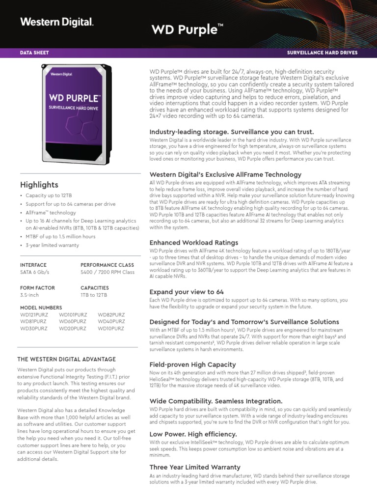Data Sheet WD Purple Series 2879 800012 | PDF | Video | Hard Disk Drive