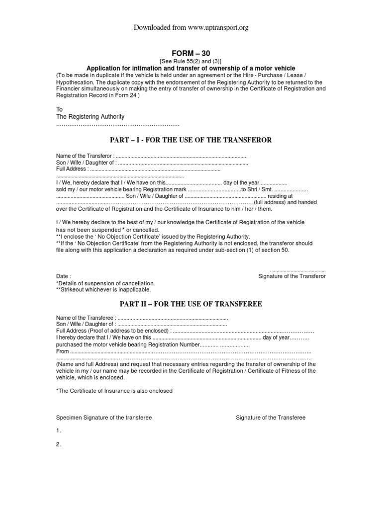 Application for Transfer of Vehicle Ownership and Consent of Financier ...