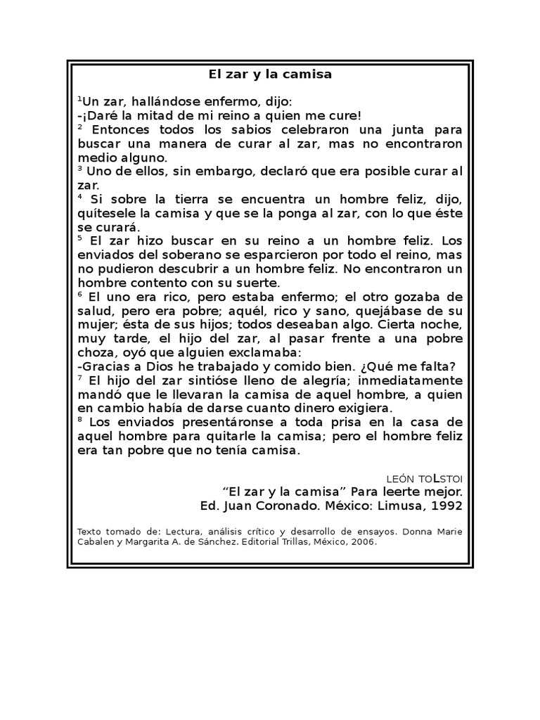 Actividad Lectora El Zar y La Camisa | PDF | Autor | Comprensión lectora