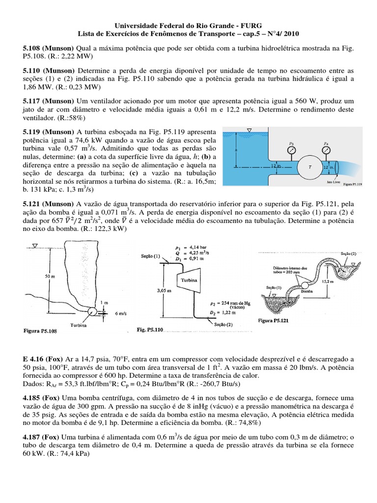 Lista FT MecFlu Cap5 ConsEnergia | PDF | Potência (Física) | Descarga (hidrologia)