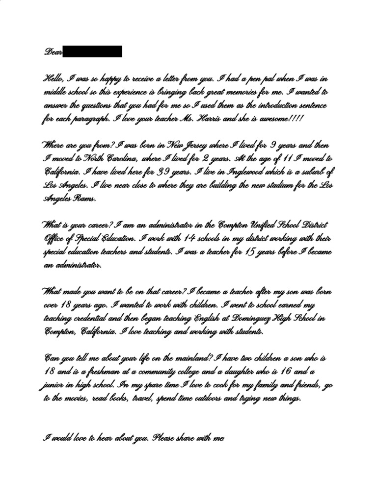 Pen Pal Introduction Letter Example | PDF