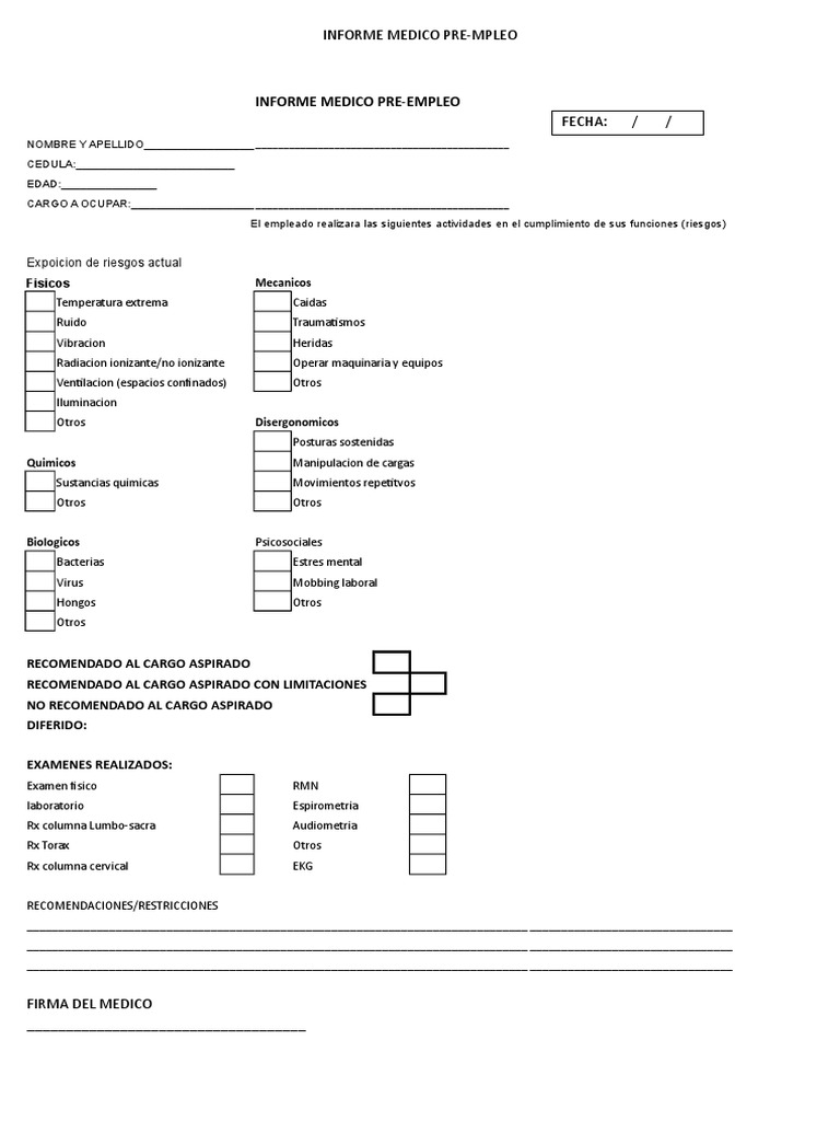 formato Pre-empleo | Especialidades Medicas | Medicina