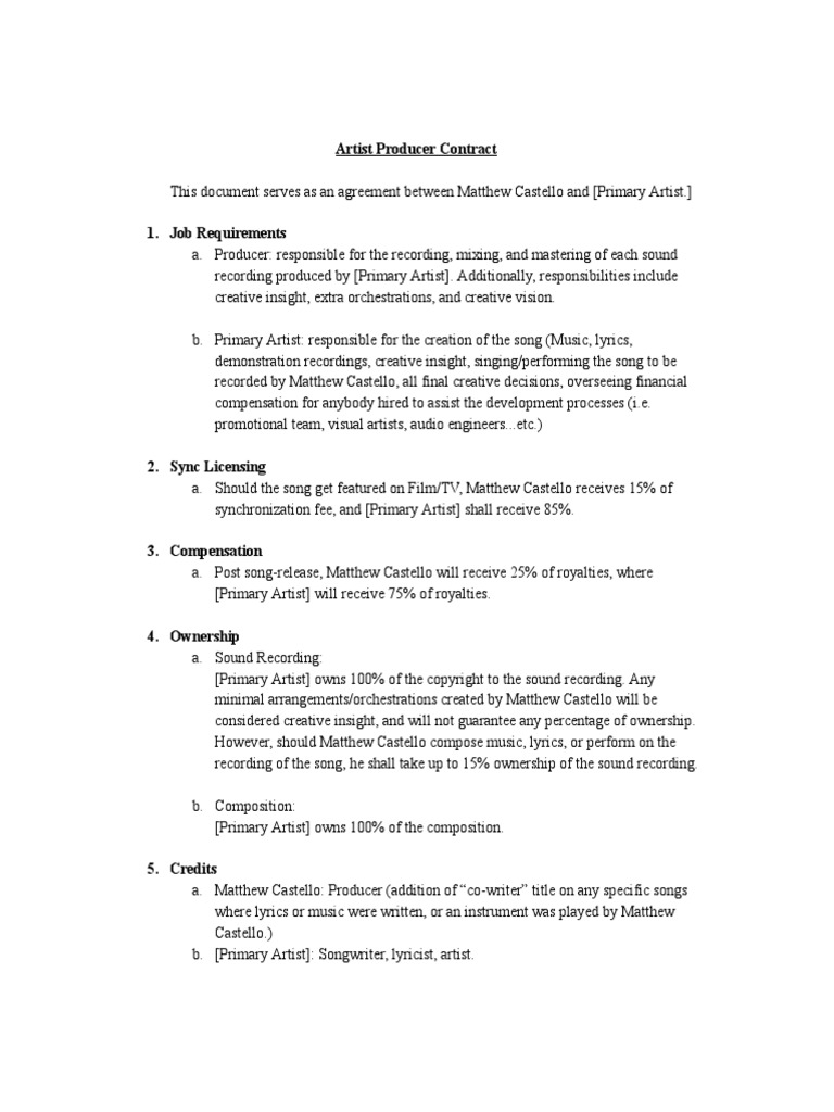 Artist Producer Contract | PDF | Musical Compositions | Songwriter