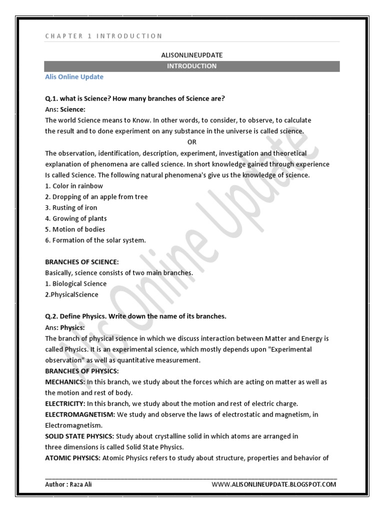 Physics Notes Class Matric Chapter 1 | PDF | Physics | Matter