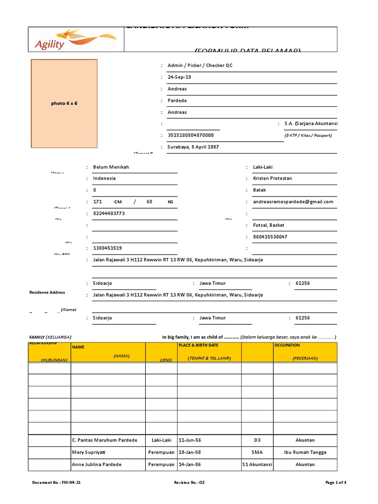 Candidate Application Form (Formulir Data Pelamar) : Photo 4 X 6 | PDF