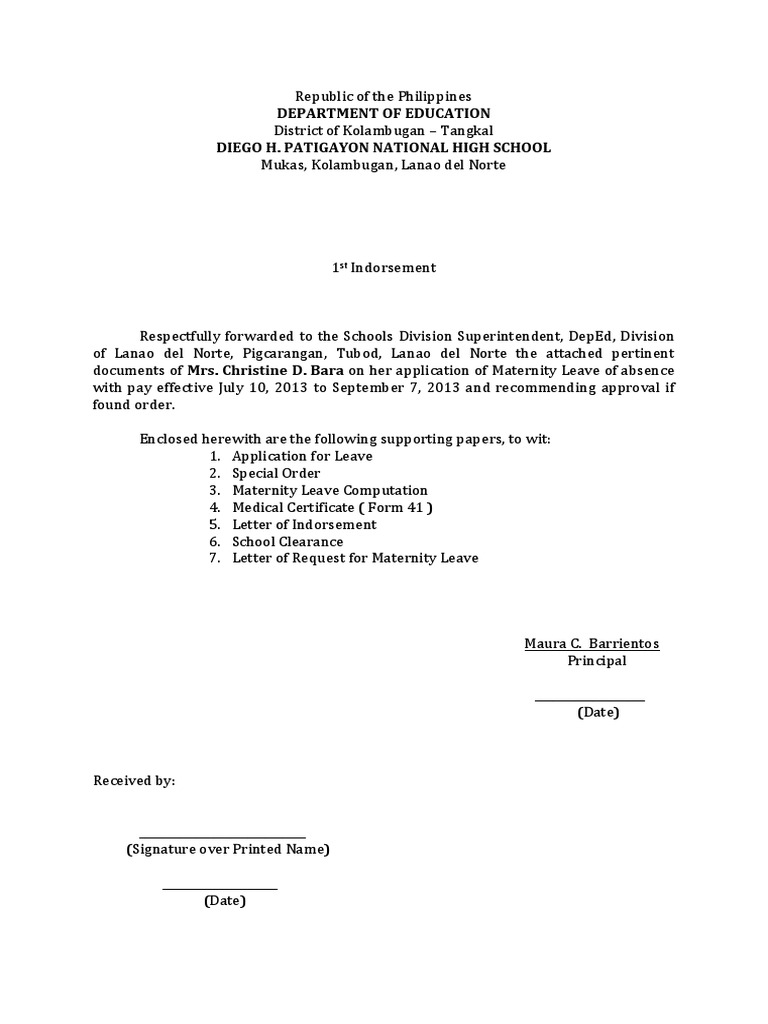 Endorsement Papers For Maternity Leave | PDF