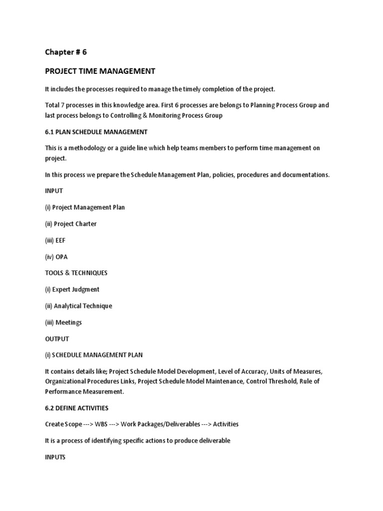 PMBoK 5th Edition - Chapter 6 - Project Time Management - Summary | PDF ...