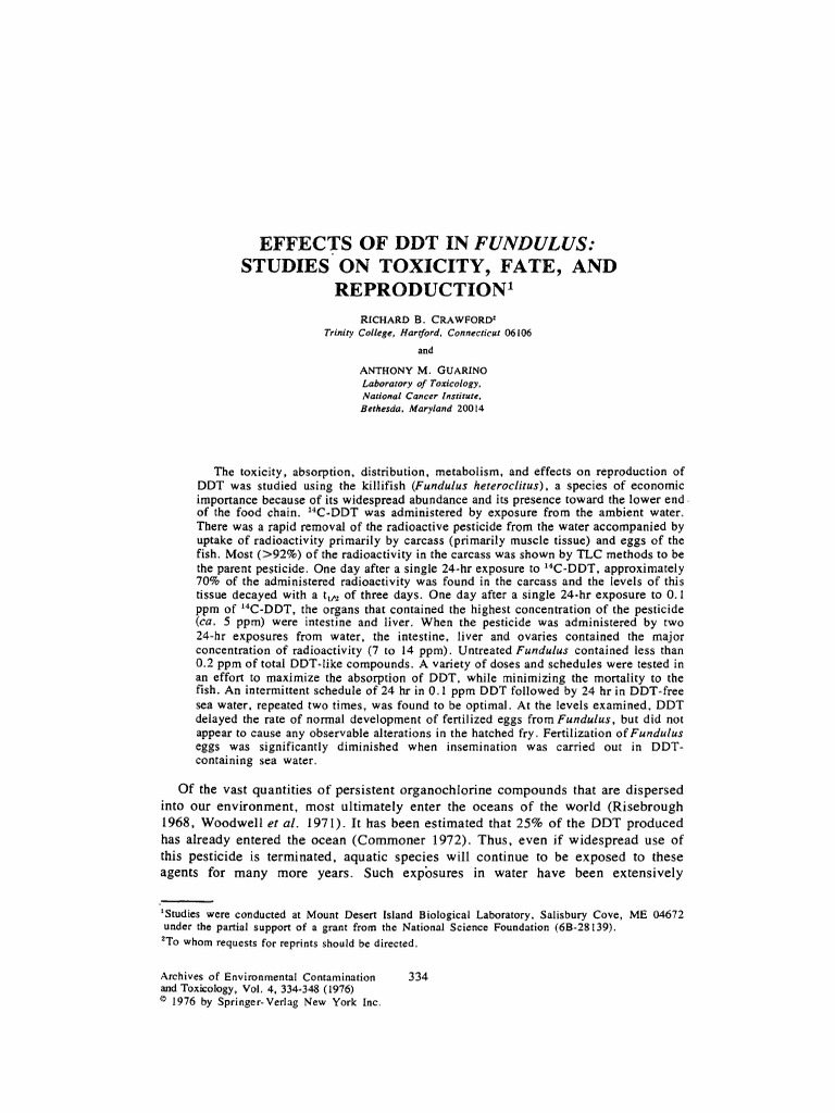 Effects of DDT in Studies On Toxicity, Fate, and Reproduction 1 | PDF ...